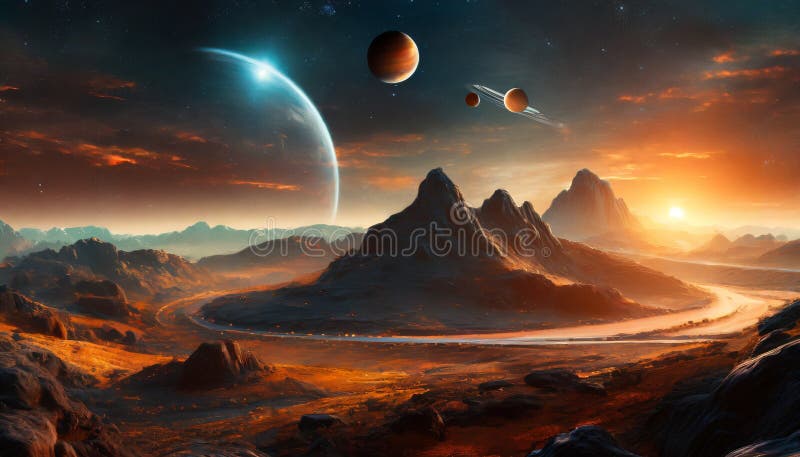 Alien Planet Surface Looking into Space with Other Planets Stock ...