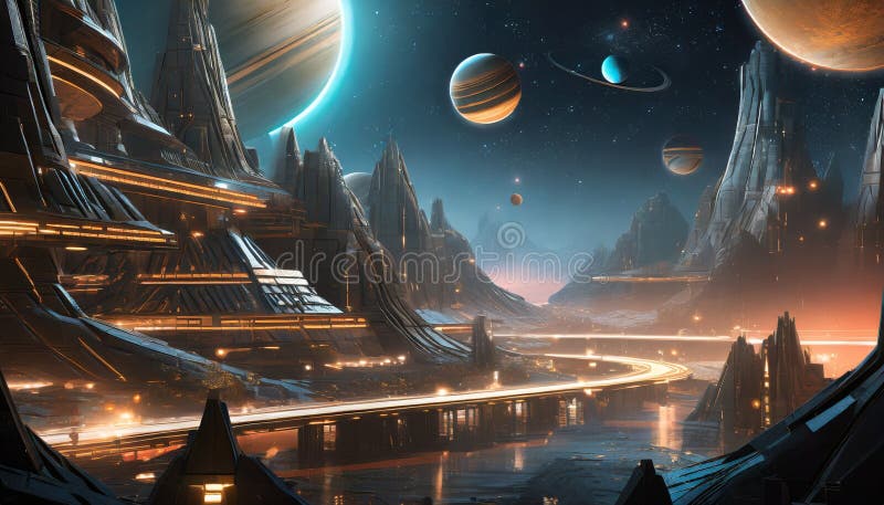 Alien Planet Surface Looking into Space with Other Planets Stock Photo ...