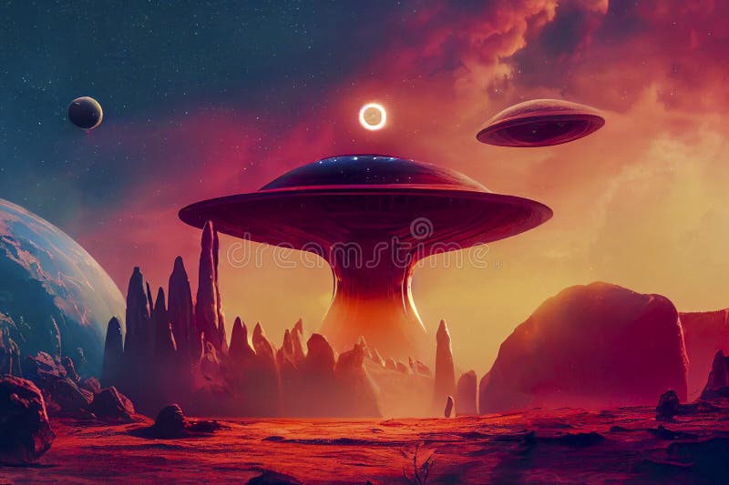 Alien Planet and Ufo Spaceship, Sci-fi Ai Illustration Stock ...