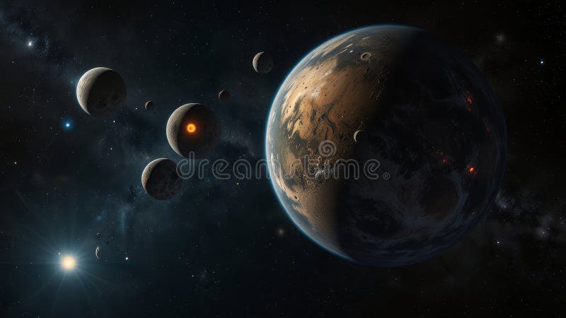 Alien Planetary System with Moons Stock Illustration - Illustration of ...