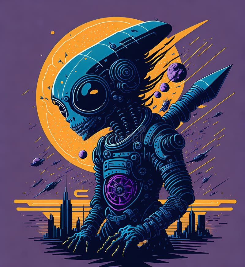 Alien with Planets and Solar System, Starting Rocket from the Ground ...