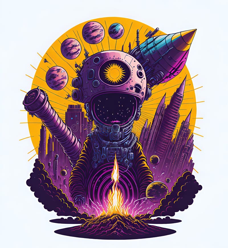 Alien with Planets and Solar System, Starting Rocket from the Ground ...