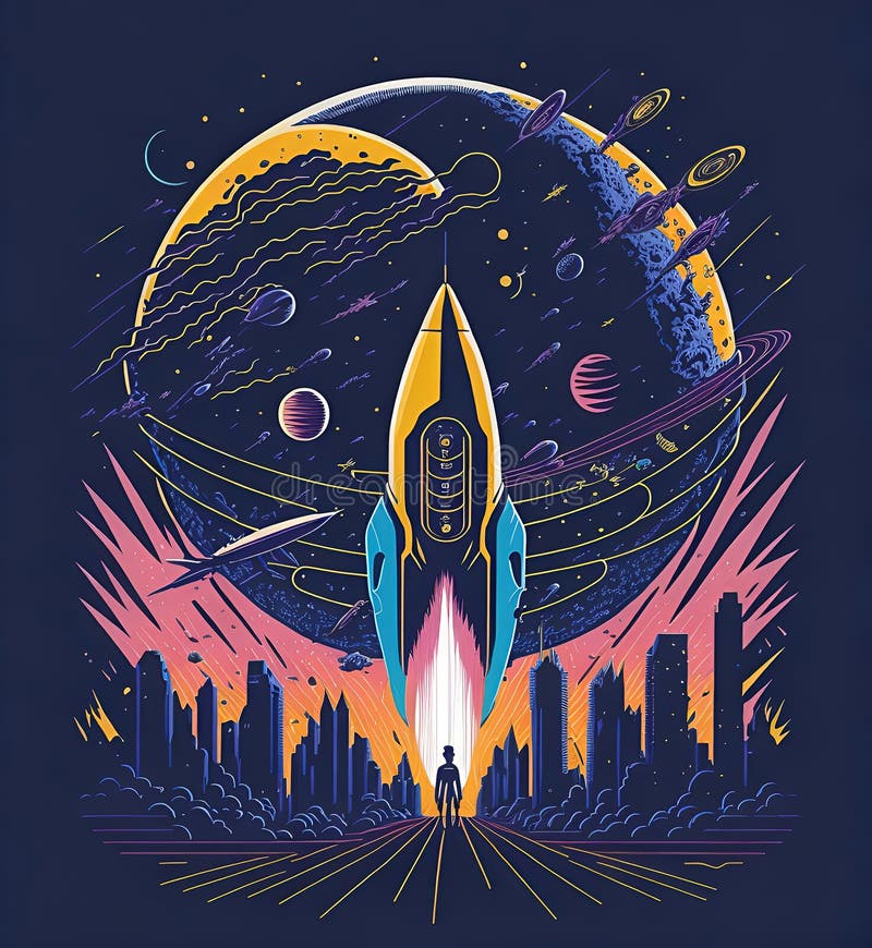 Alien with Planets and Solar System, Starting Rocket from the Ground ...