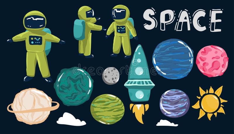 Alien Planets Vector Cartoon Set of Space Astronaut and Rocket Game ...