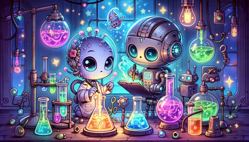 Alien and Robot Conducting Science Experiments in a Laboratory Stock ...