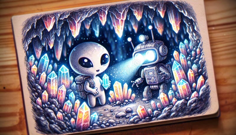 Alien and Robot Exploring a Crystal Cave Stock Illustration ...