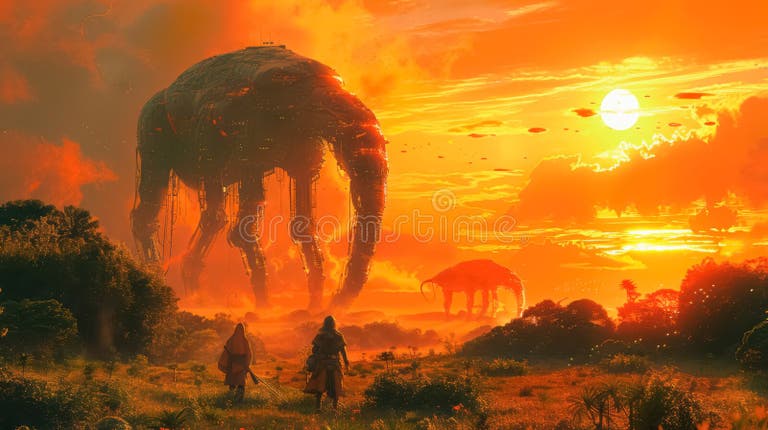 Alien Savannah with Bizarre Creatures Roaming Stock Illustration ...