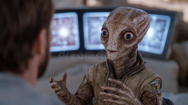 Alien Scientist Examining Computer Screens Stock Illustration ...