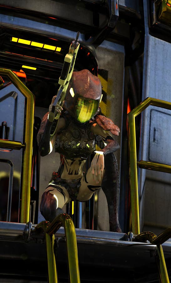 Alien Scifi Soldier with Rifle Stock Illustration - Illustration of ...