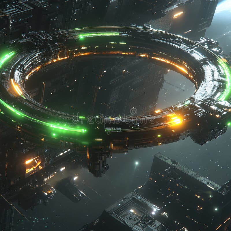 Alien Ship Docking at a Glowing Ring Shaped Station Stock Illustration ...