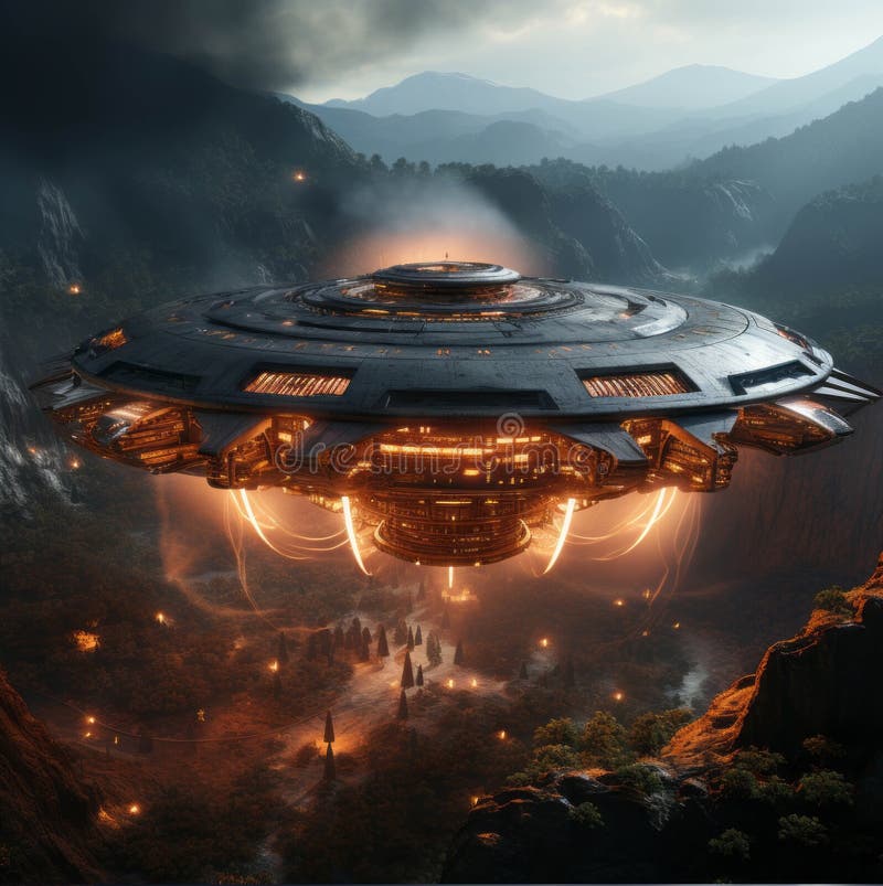 An Alien Ship Hovering in the Air Over the Valley, Illuminating it with ...