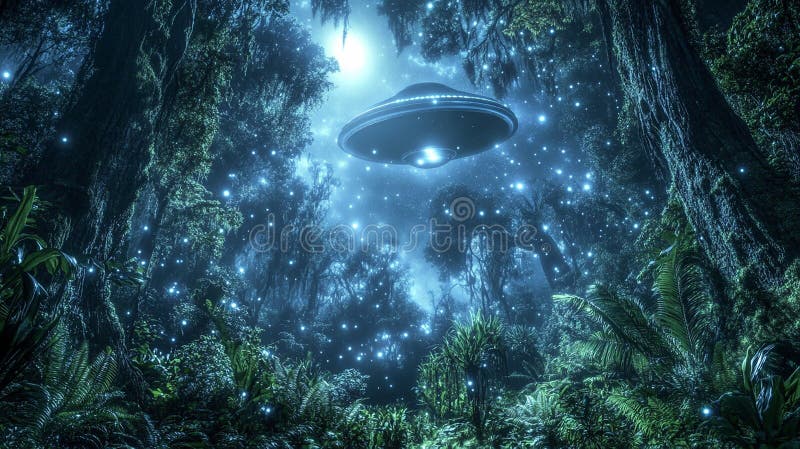 Alien Ship Hovering Over a Glowing Forest at Night Stock Illustration - Illustration of world ...