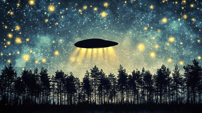 Alien Ship Hovering Over a Glowing Forest at Night Stock Illustration ...