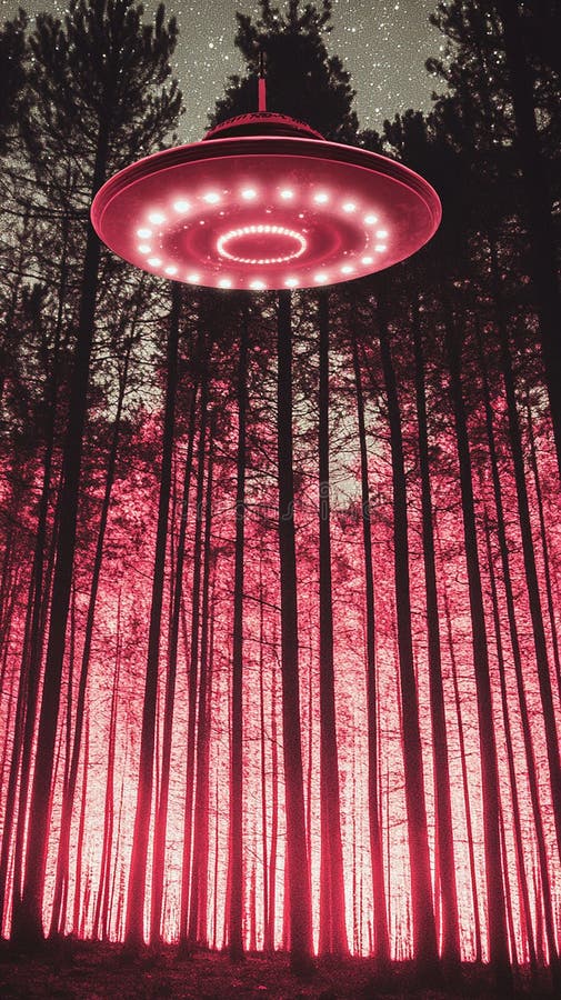Alien Ship Hovering Over a Glowing Forest at Night Stock Illustration - Illustration of forest ...