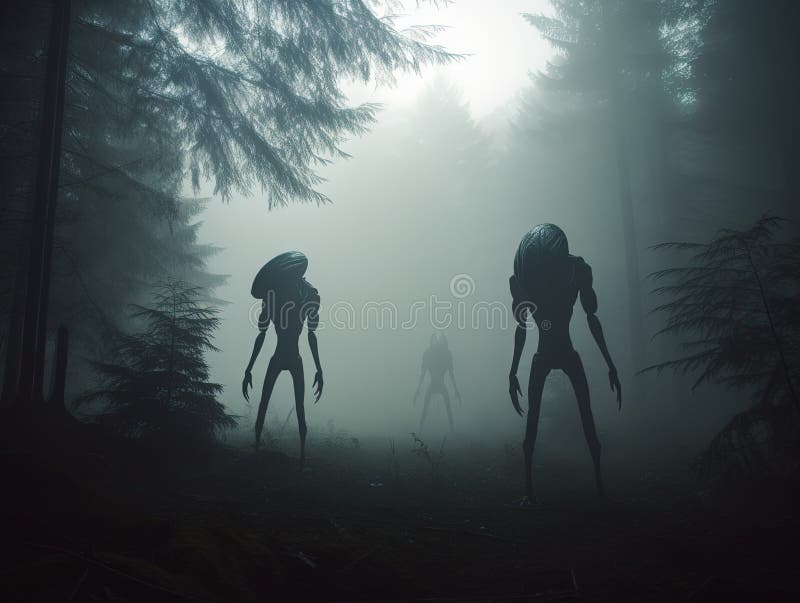 Alien Silhouettes in Misty Forest Created Stock Illustration ...
