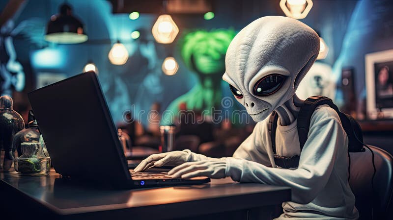Alien Sitting in an Internet Cafe and Working with Laptop Stock ...