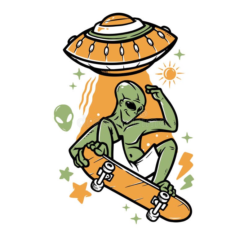 Alien Skate and Ufo Illustration Stock Vector - Illustration of drawn ...