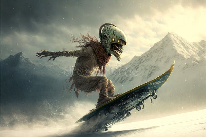 Alien Snowboarding on Planet Earth Mountains Generative Ai Stock ...