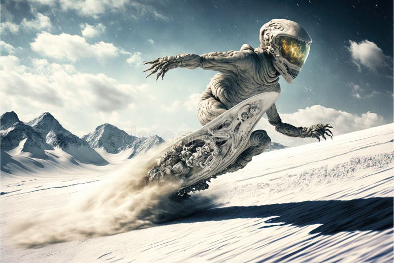 Alien Snowboarding on Planet Earth Mountains Generative Ai Stock ...