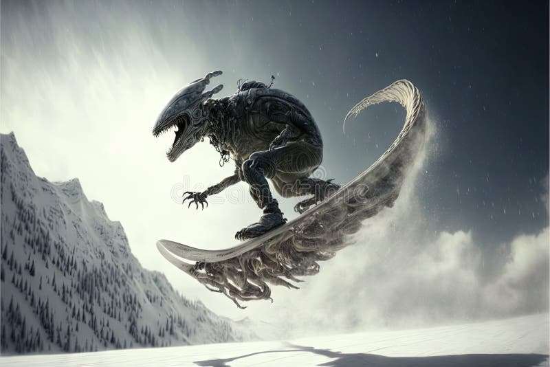 Alien Snowboarding on Planet Earth Mountains Generative Ai Stock ...