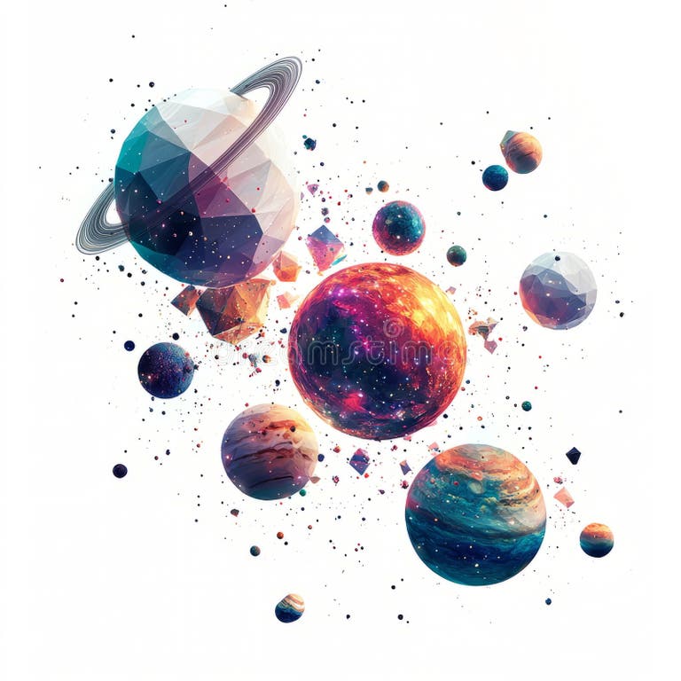 Alien Solar System with Glowing Orbits and Polygonal Planets, Low Poly ...