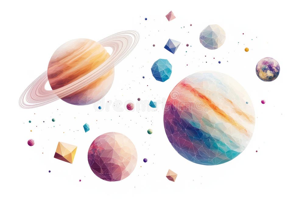 Alien Solar System with Glowing Orbits and Polygonal Planets, Low Poly ...