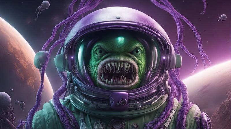 Alien in Space a Massive Astronaut with a Alien Face and Tentacles ...