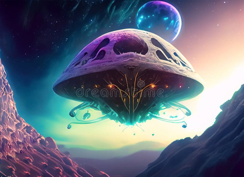 Alien Space Shift Floating in the Sky. Close Up View Stock Illustration ...