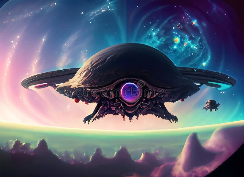 Alien Space Shift Floating in the Sky. Closeup Stock Illustration ...