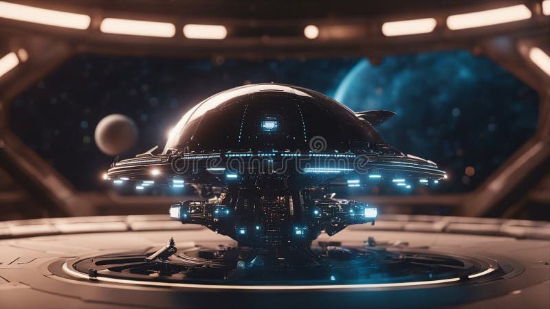 Alien Space Ship in Action in the Space with a Planet, Stars and ...