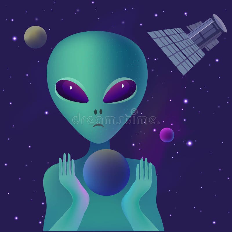 Alien in the Space with Sphere. Planet, Stars and Satellite. Vector ...