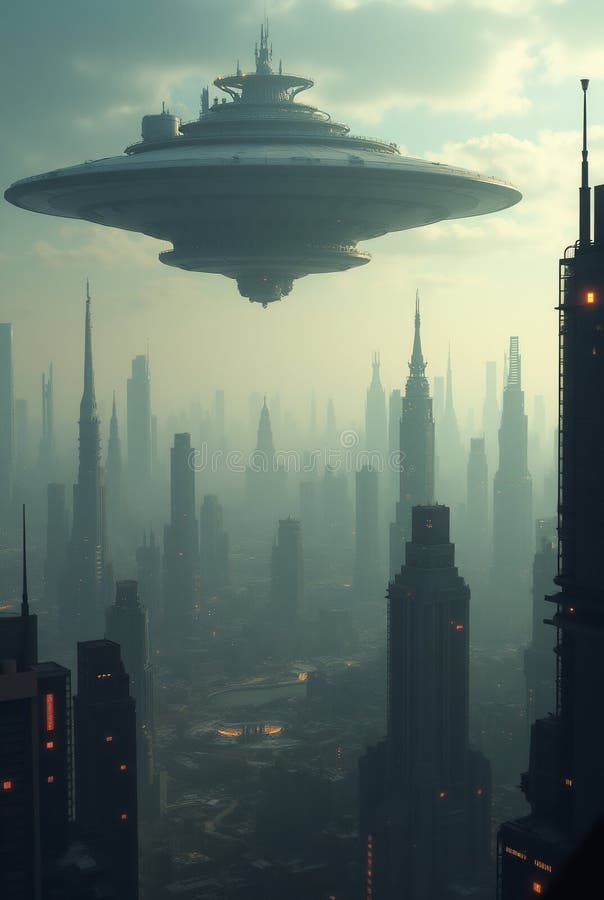 An Alien Spacecraft Hovering Above a Futuristic Earth City Stock Photo ...