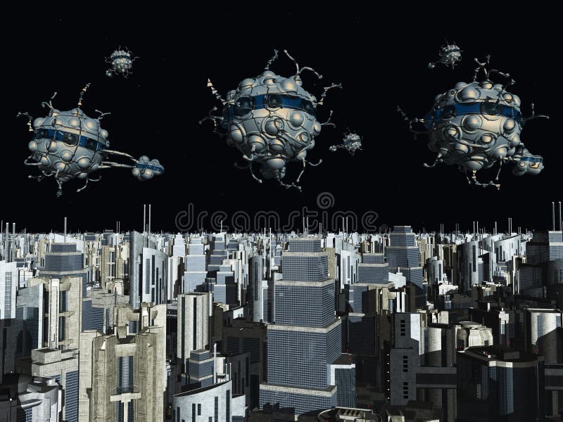 Alien Spacecrafts Over a Futuristic City at Night Stock Illustration ...