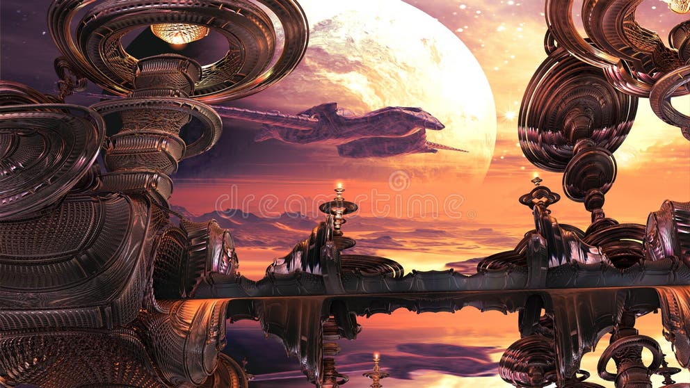 Alien Spaceship Approaching Landing Bay Stock Illustration ...