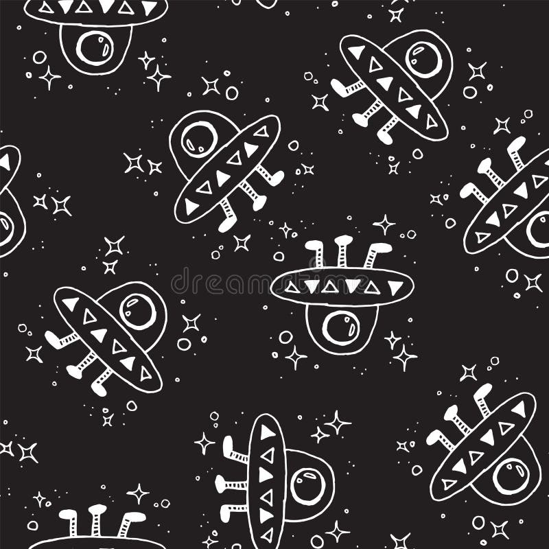 Alien Spaceship Doodle Illustration Seamless Pattern with Black ...