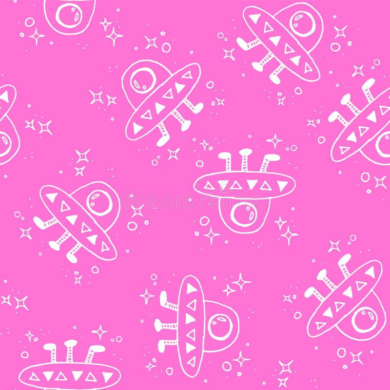 Alien Spaceship Doodle Illustration Seamless Pattern on Pink Background ...