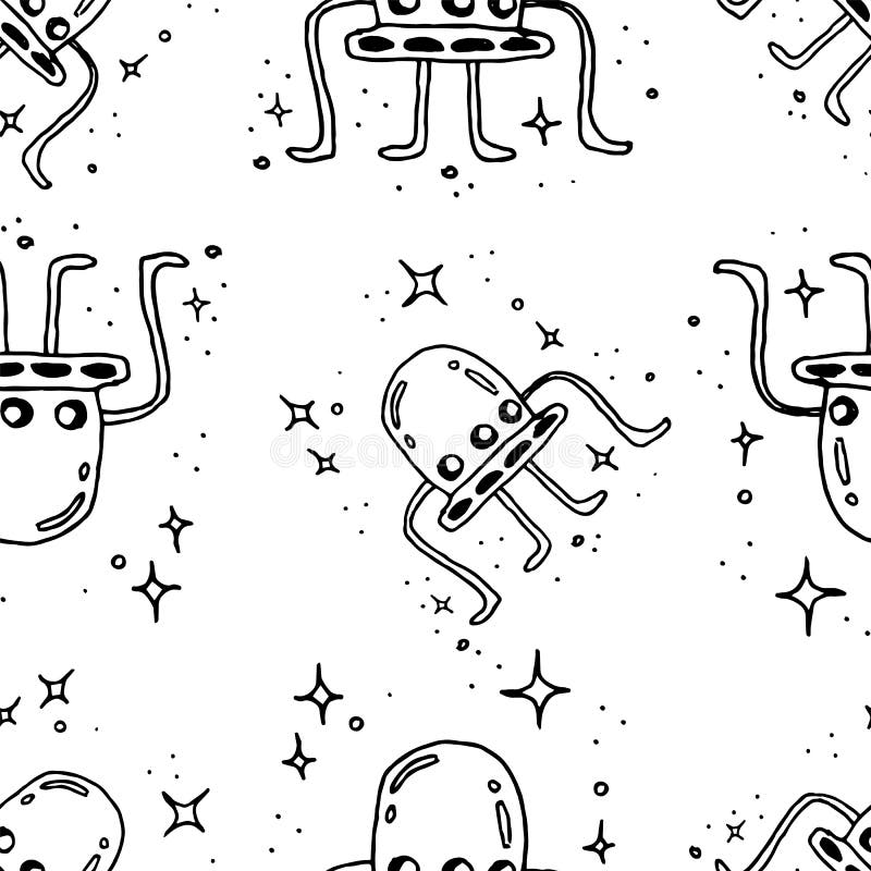 Alien Spaceship Doodle Illustration Seamless Pattern with White ...