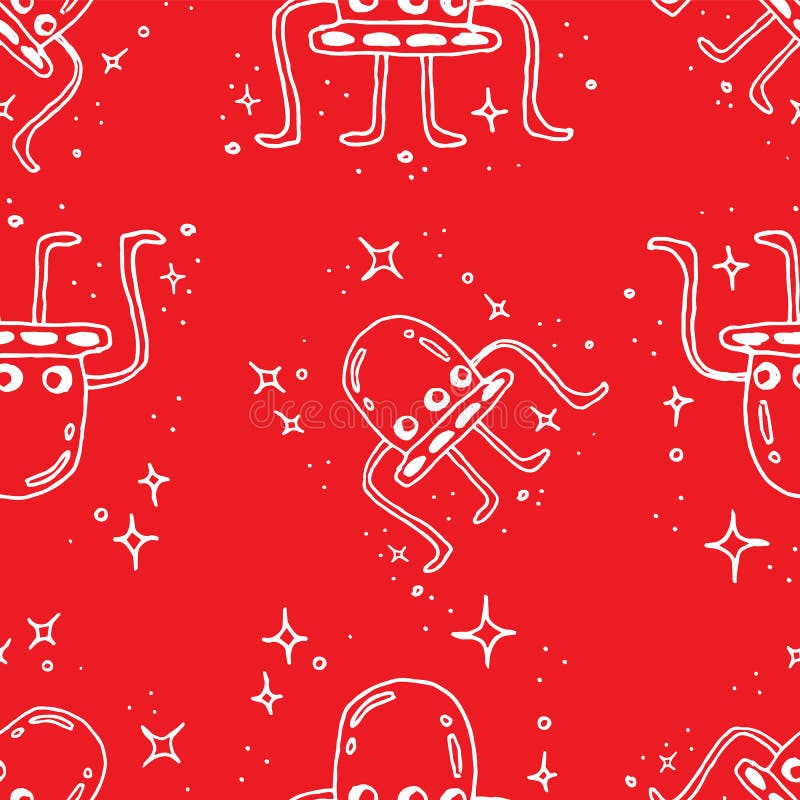 Alien Spaceship Doodle Seamless Pattern on Red Background Stock Vector ...
