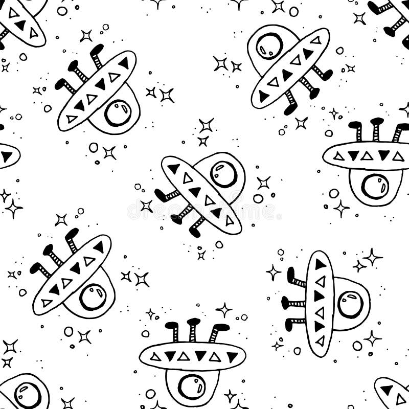 Alien Spaceship Doodle Seamless Pattern on White Background Stock ...