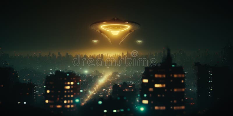 An Alien Spaceship Flying Over City at Night. Generative AI Stock ...