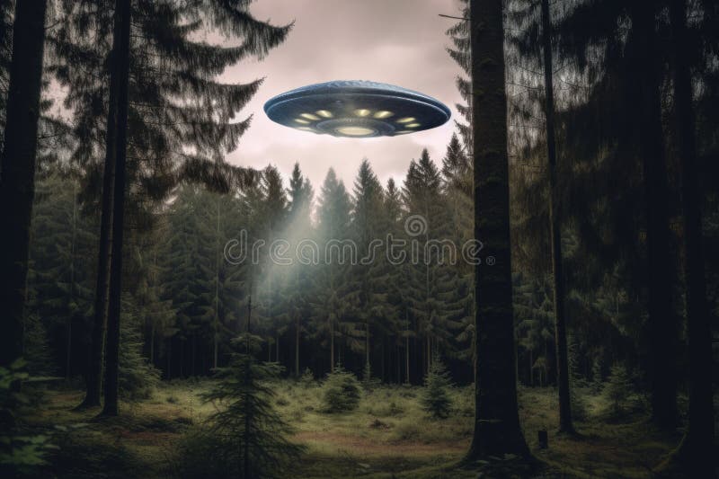 An Alien Spaceship Flying Over a Forest Filled with Trees. Generative ...