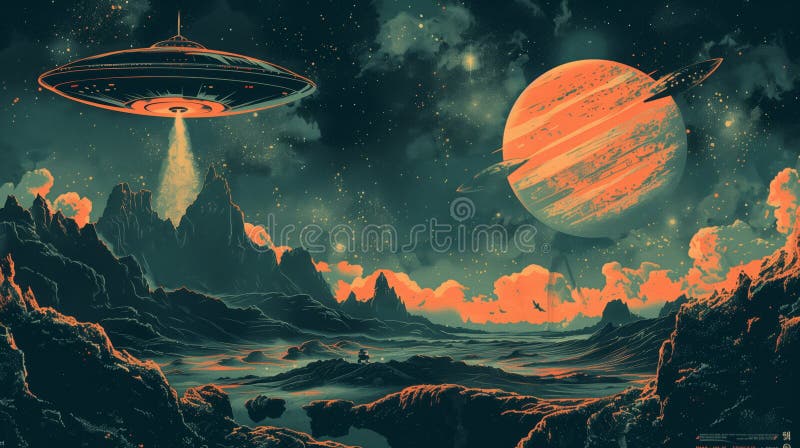 Alien Spaceship Flying Over a Planets Surface Stock Illustration ...