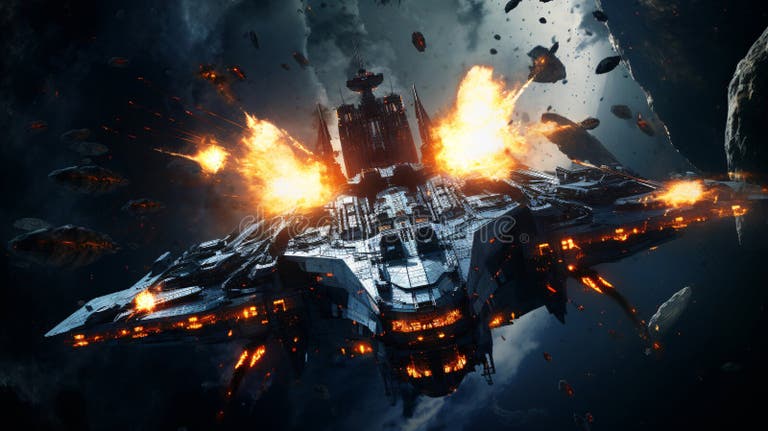 Sci-fi Spaceship in Outer Space Flying in Outer Space Under Attack with ...