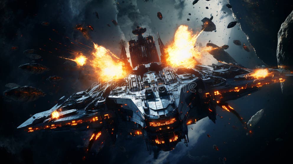 Sci-fi Spaceship in Outer Space Flying in Outer Space Under Attack with ...