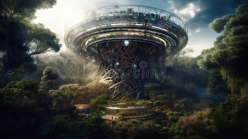 Alien Spaceship in the Green Forest. Futuristic Concept Stock ...