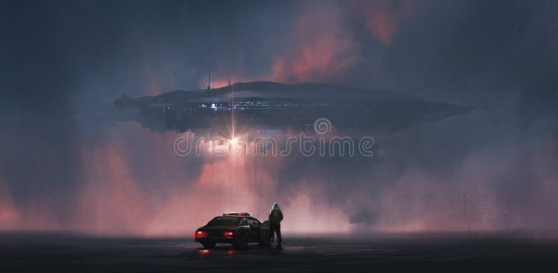 Alien Spaceship Looming in the Clouds, 3D Illustration Stock ...