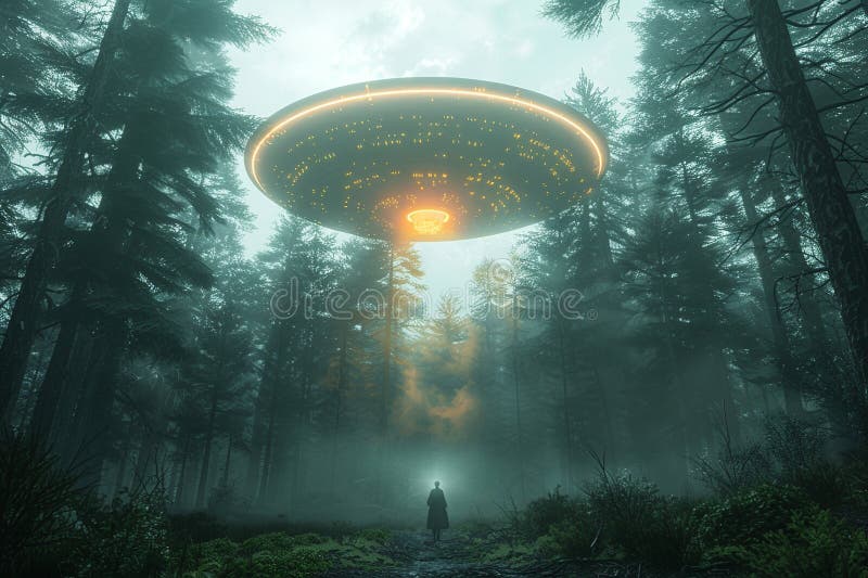 Alien Spaceship Points Spotlight at Man, Alien Abduction Concept Stock ...