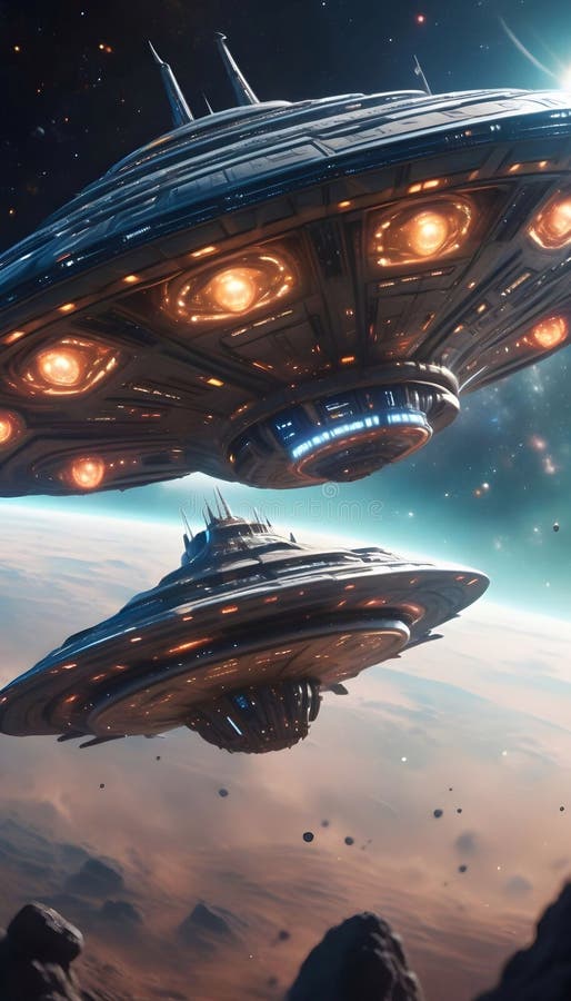 Closeup of Alien Spaceships Approaching Stock Photo - Image of saucer ...