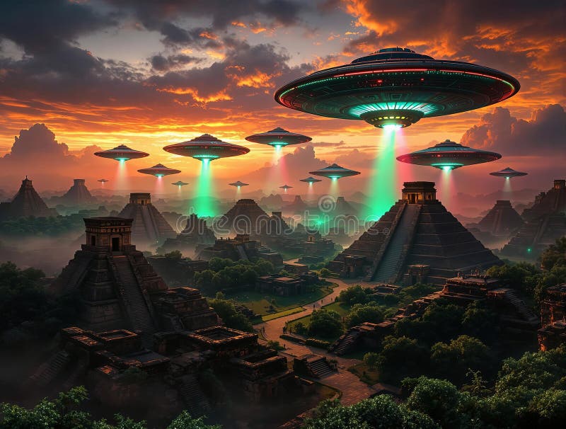 Alien Spaceships Hover Over Ancient Mayan Pyramids at Sunset Stock ...