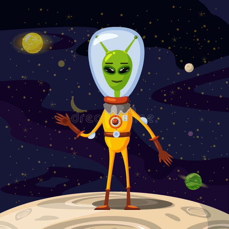 Alien in a Spacesuit, Cartoon Style, Background Space, Vector Stock ...